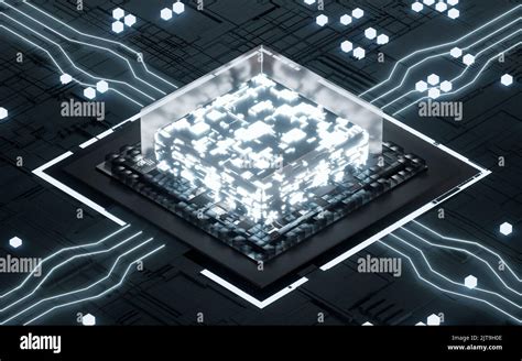 Glowing Microchip Processor With Black Circuit Board D Rendering Computer Digital Drawing