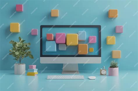 3d Image Showing Office Environment Computer Screen Ui Design Interface