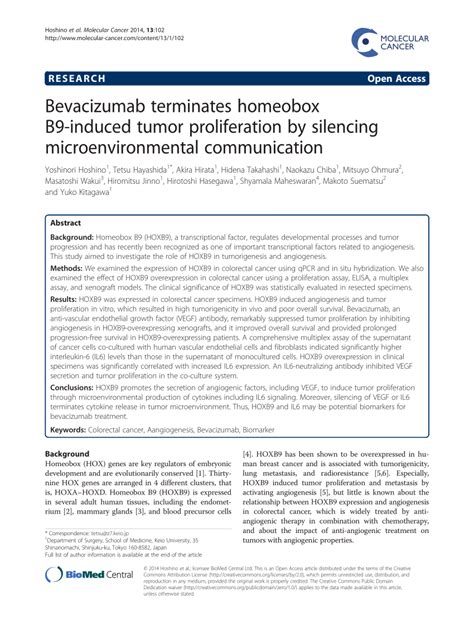 Pdf Bevacizumab Terminates Homeobox B9 Induced Tumor Proliferation By