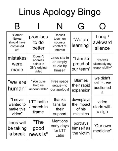Linus Apology Bingo Rthebingomeme