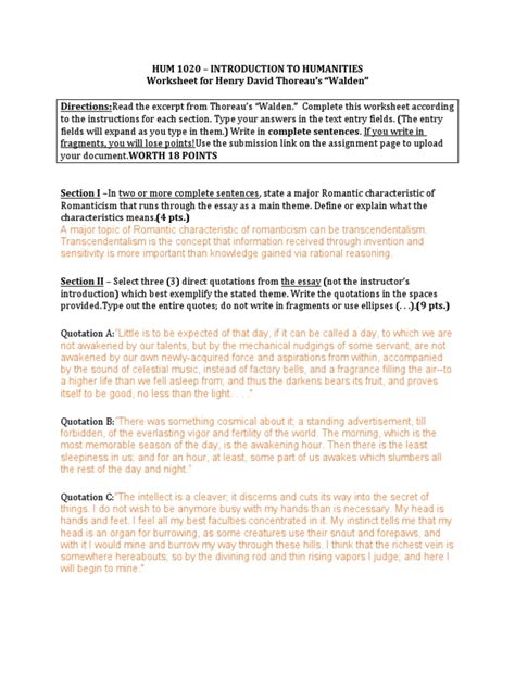 Thoreau Worksheet Entry Fields Pdf Walden Henry David Thoreau