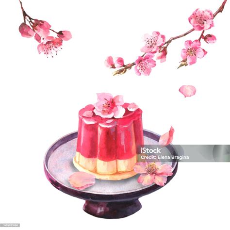 수채화 일본 과자 세라믹 접시에 젤리에 식용 꽃 사쿠라와 사쿠라 가지 와가시는 흰색 배경에 격리됩니다 음식 메뉴 디자인 꽃무늬에