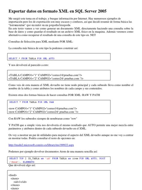 Exportar Datos En Formato Xml En Sql Server 2005 Pdf Sql Tabla