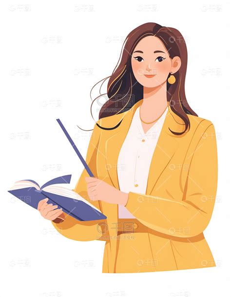 开学季ai数字艺术 开学季一位长发、黄装女老师左手拿着书，右手拿着警棍，聚精会神地指挥扁平卡通插图 Ai平面元素免费下载 Png格式 2688像素 编号70972691 千图网