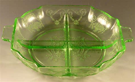 Fancy Friday Lorain Basket Green Depression Glass Relish Tray