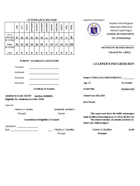 Sf 9 Jhs Learners Progress Report Card B Pdf Cognition