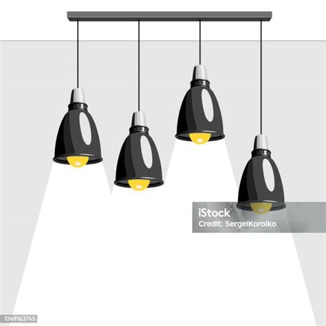 4 개의 펜던트 램프 천장 램프 또는 흰색 빛의 광선이있는 매달려 램프의 클러스터 집이나 사무실을위한 장식 및 인테리어 요소 벡터 일러스트레이션 0명에 대한 스톡 벡터 아트