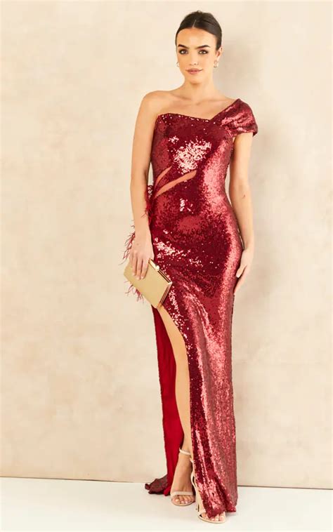 Fame Berry Red Luxe Feather One Shoulder Sequin Illusion Nazz