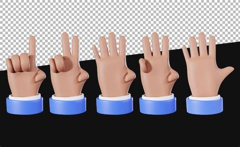 3d 계산 손 아이콘 세트 손바닥과 손가락 카운트다운이 있는 만화 팔 3d 현실적인 그림 비즈니스 클립 아트 프리미엄 Psd 파일