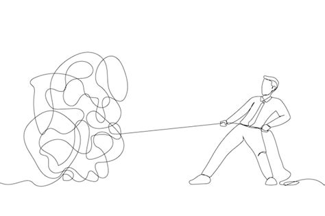 얽힌 로프 또는 케이블 단일 연속 라인 아트 스타일을 풀려고 하는 사업가의 만화 프리미엄 벡터