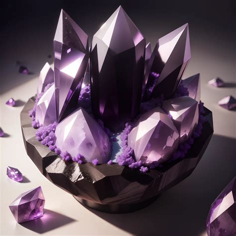 보라색 결정은 보라색 자갈이 있는 흰색 표면에 흩어져 있습니다 Seaart Ai