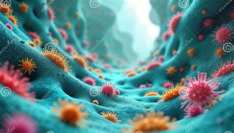 Colorful Illustration Shows Various Microorganisms Like Bacteria Viruses Interacting On Surface