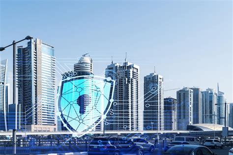아랍 에미레이트uae 시내의 고층 빌딩 두바이 에미리트emirate Of Dubai 사이버 보안 개념의 수도 현대 스카이