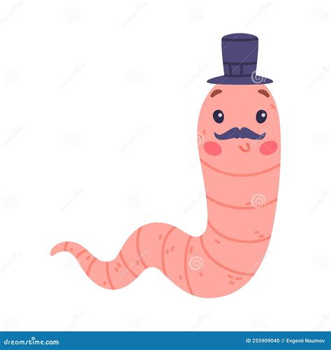 Funny Pink Worm Character With Long Tube Body In Top Hat And Mustache