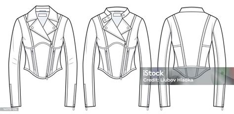 여성 가죽 바이커 재킷 테크니컬 패션 일러스트레이션 겉옷 재킷 패션 플랫 기술 도면 템플릿 슬림 핏 지퍼 업 전면 및 후면보기 화이트 컬러 Cad 모형 세트 오토바이에 대한