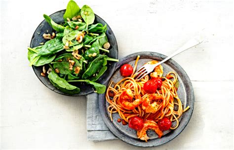 Romige Pasta Met Garnalen En Spinaziesalade
