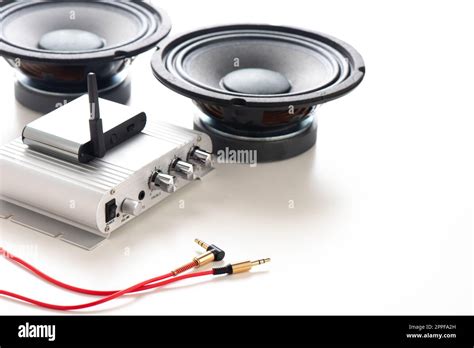 Close Up Red Aux Auxiliary Cable With Male Jack With Amplifier And