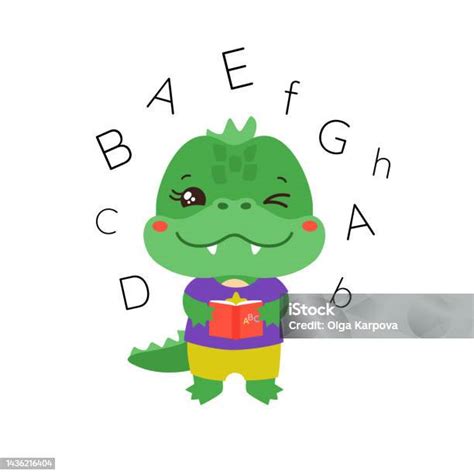 교과서를 들고 있는 학교 학생 만화 악어 영어 Abc 학습 명랑한에 대한 스톡 벡터 아트 및 기타 이미지 명랑한 용 고등