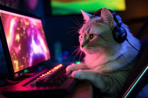 Premium Photo Cat With Headphones In Gaming Setup