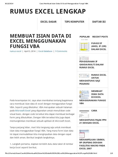 Cara Membuat Isian Data Di Excel Menggunakan Fungsi Vba Pdf Pdf