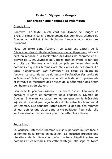 Texte 1 Olympe De Gouges Exhortation Aux Hommes Et Préambule