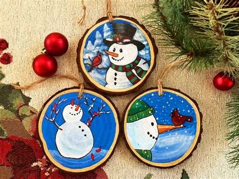 Snowman Cardinal Handpainted Wood Slice Feathered Friends Etsy