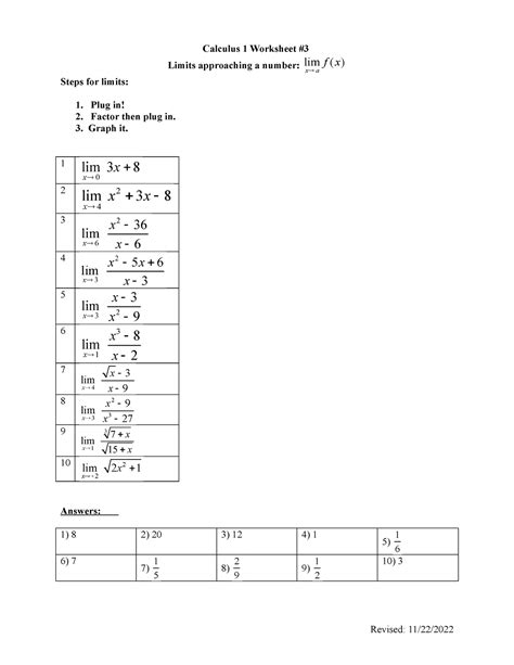 Ab Ws 003 Limits Approaching A Number Calculus 1 Worksheet Limits