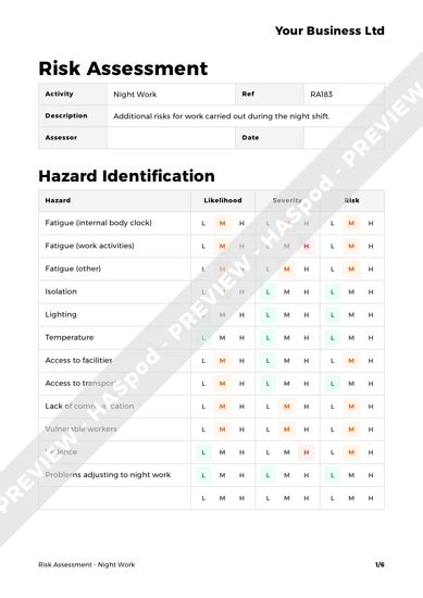 Night Work Risk Assessment Template Haspod
