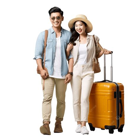 Cutout Isolated Background Young Adult Asian Travel Couple Carry