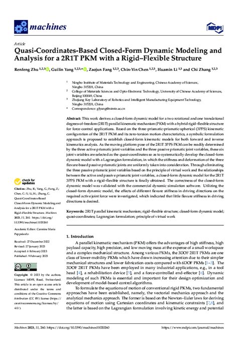 Pdf Quasi Coordinates Based Closed Form Dynamic Modeling And Analysis For A 2r1t Pkm With A