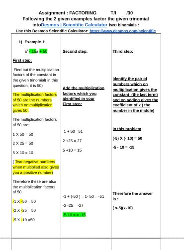 Solved Assignment Factoring 130 Following The 2 Given Examples