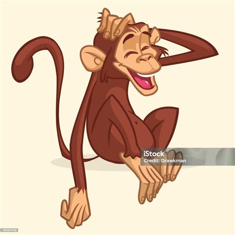 앉아있는 원숭이의 그리기는 귀여운 만화 그의 머리를 스트레칭 하는 침팬지의 벡터 일러스트 레이 션 갈색에 대한 스톡 벡터 아트 및 기타 이미지 Istock