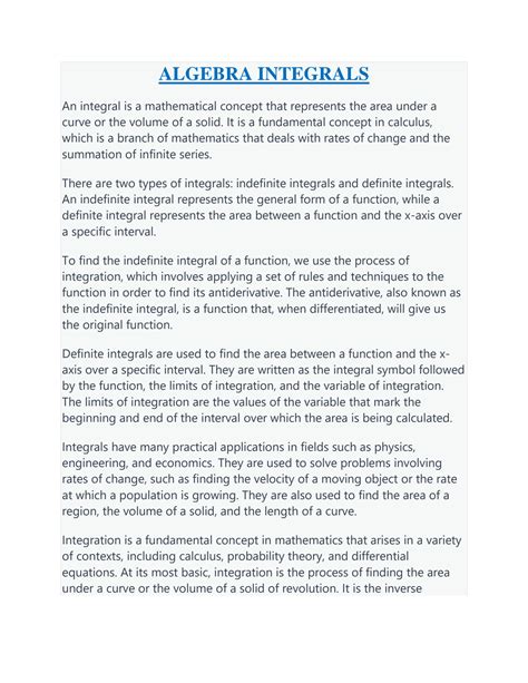 SOLUTION Algebra Integrals With Examples Integration Notes Studypool
