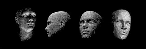 입자로 구성된 네 개의 사람 얼굴 Ai 인간의 얼굴을 형성하는 네트워크 기술 및 로봇 공학 개념 익명의 소셜 마스킹 사이버 범죄 및 사이버 보안 벡터 그림 머리에 대한 스톡