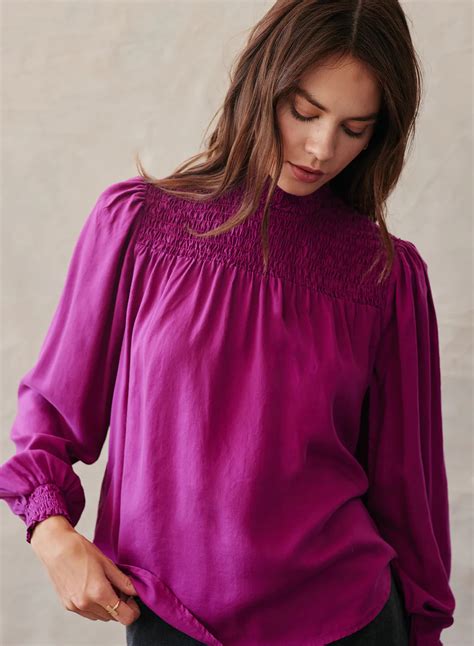 Long Sleeve Smocked Blouse Fuchsia Ivory And Birch