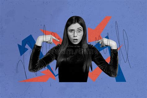 Creative Collage Young Confused Girl Drawing Doodles Point Show Finger