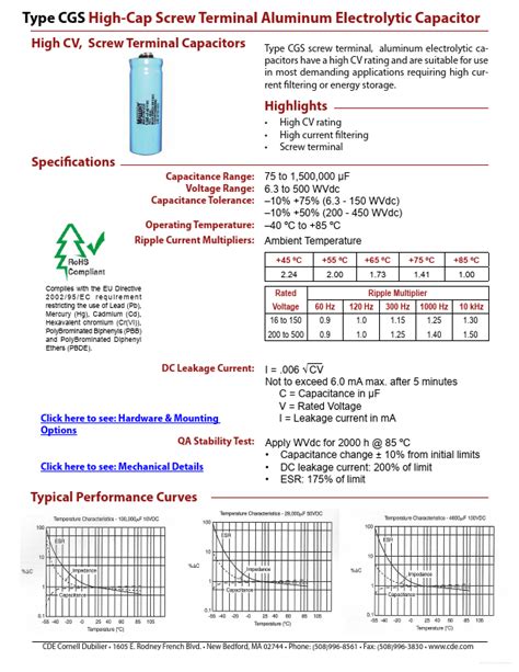 Cgs104u025v5l Datasheet High Cap Screw Terminal Aluminum Electrolytic