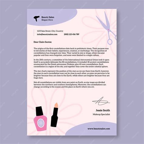 뷰티 살롱 편지지 템플릿 무료 벡터