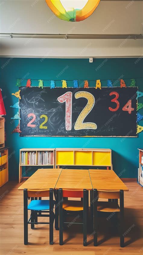 Premium Photo A Photorealistic Classroom With Wooden Desks Chairs Blackboard Numbers And