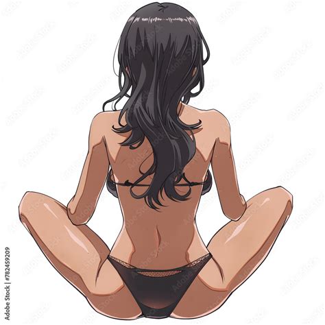 Back View Of A Black Hair Anime Girl In Black Bikini Siting On A White