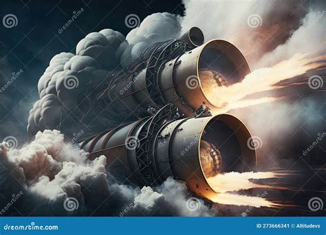 Close Up Of Rocket Engines Firing With Clouds In The Background Stock