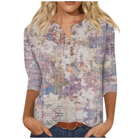 Womens 34 Sleeve Tops Summer Floral Print Tunic Women Tops Trendy