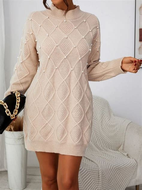 Mock Neck Pearls Beaded Sweater Dress Without Belt Elegant Knitted