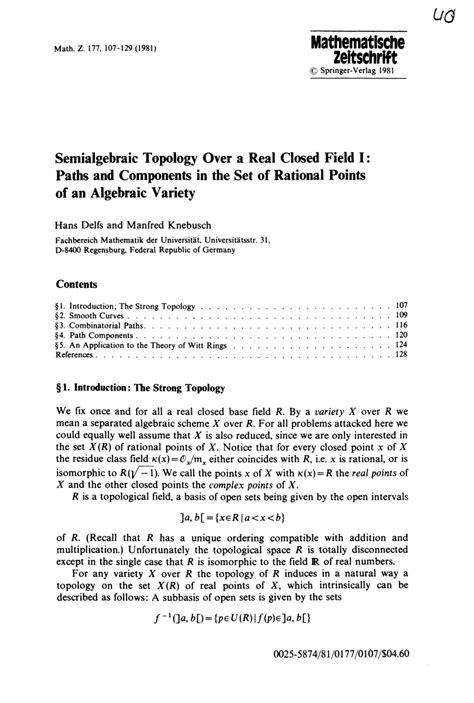 Pdf Semialgebraic Topology Over A Real Closed Field I Paths And Components In The Set Of
