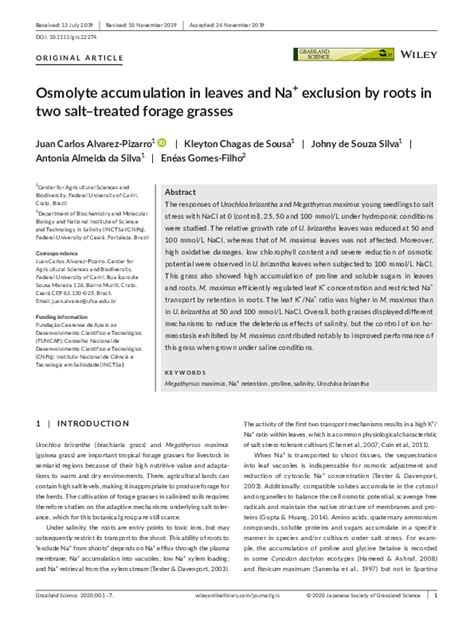 Pdf Osmolyte Accumulation In Leaves And Na Exclusion By Roots In