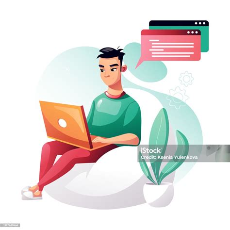 프로그래머는 쉬운 의자에 앉아있는 동안 작업 프로젝트에 집중했습니다 프로그래밍 및 코딩 기술 개발 코드가 있는 화면 작업을