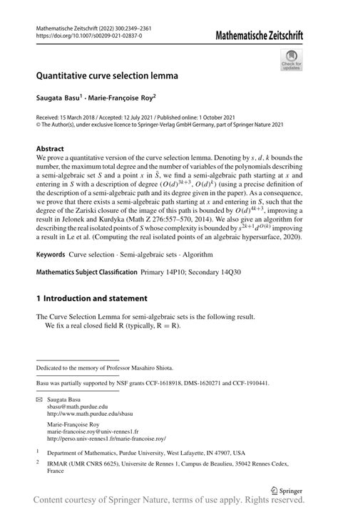 Quantitative Curve Selection Lemma Request Pdf