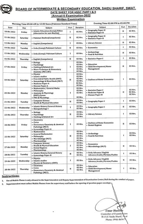 Bise Swat Board Hssc Part I And Ii Annual Exam Date Sheet 2022