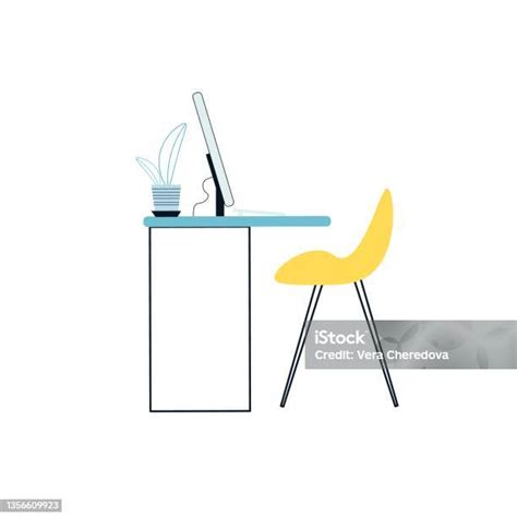 Monitor Komputer Kartun Datar Di Meja Kerja Peralatan Elektronik Furnitur Dan Elemen Interior