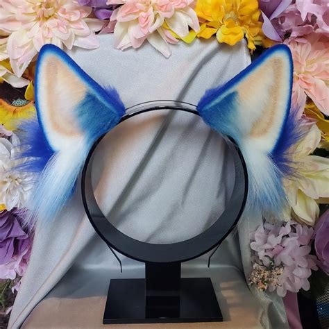 Blue And White Cat Ears Headband With Flowers